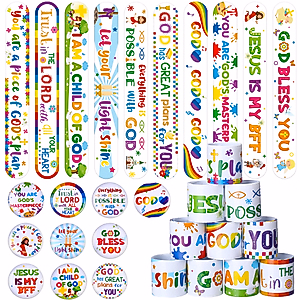 Frienda 60 Pieces Religious Slap Bracelets with Button Pins Jesus Love You Wristbands Jesus Snap Bracelets Christian Badges for Sunday School Supplies Kids Gifts Birthday Party Favors(Religious)
