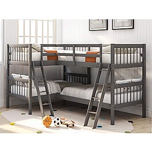 Harper & Bright Designs L-Shaped Twin Size Bunk Bed and Loft Bed, Solid Wood Twin Bunk Bed Loft Bed with Guardrail and Two Ladders for 4 Person (Grey)