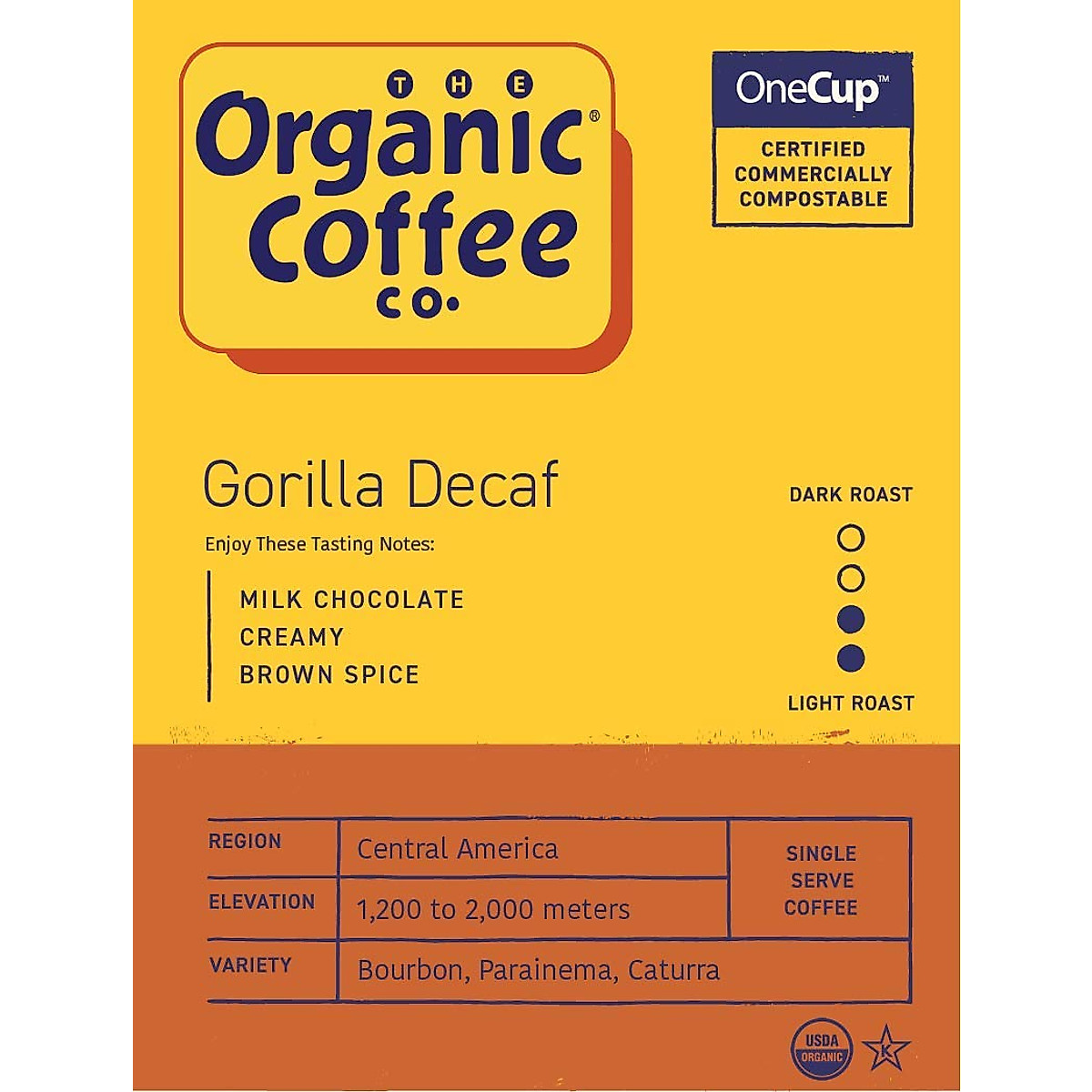 Organic Coffee Co. OneCUP Gorilla DECAF 80 Ct Natural Water Processed Medium Light Roast Compostable Coffee Pods, K Cup Compatible including Keurig 2.0