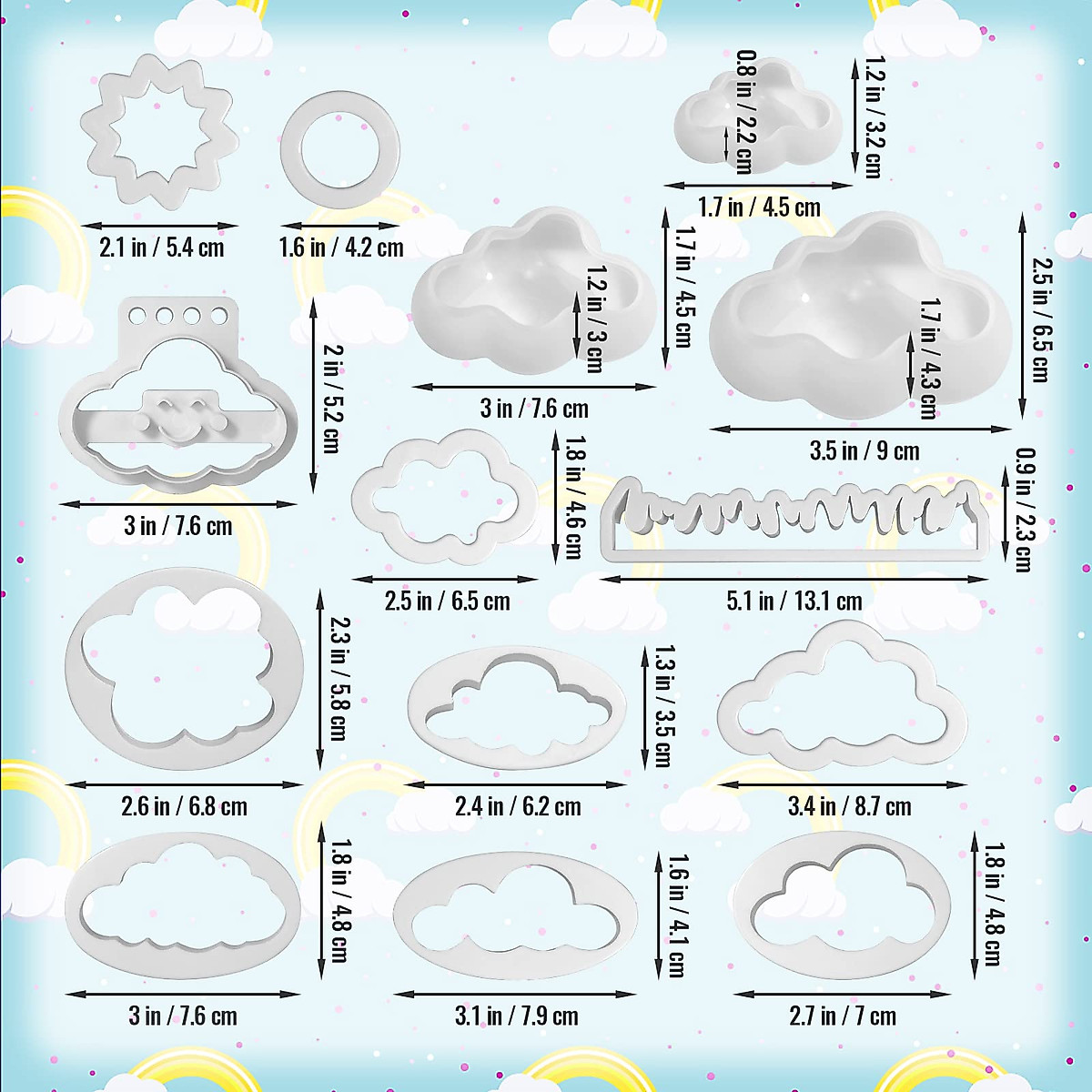 14 Pieces Cloud Shape Mold Set, 11 Pieces Cloud Cookie Cutters and 3 Pieces 3D Cloud Silicone Molds Fondant Cloud Cutter Cake Mold Fondant Cutter (Cloud)