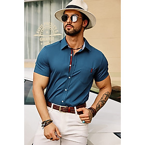 PJ PAUL JONES Men's Business Dress Shirts Short Sleeve Muscle Fit Casual Activewear Button-Down Dress Shirts Dark Blue S