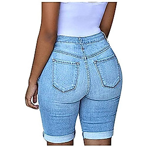 Women's High Waist Denim Short Pants Knee Lenght Short Ripped Jeans Plus Size Destroyed Hole Jean Bermuda Shorts (Light Blue,XX-Large)