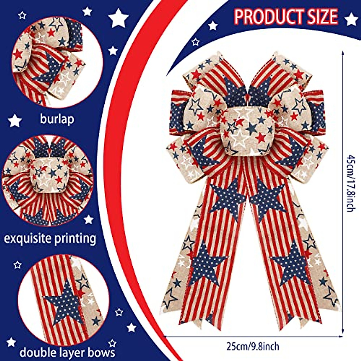 2 Pcs Patriotic Bow Wreath 4th of July Memorial Day Red White Blue Star Burlap American Flag Bow Memorial Day Bow for Indoor Outdoor Tree Topper Independence Day Party Decoration (Classic Style)