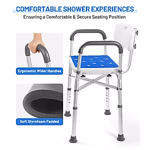 Tocebe Shower Chair for Inside Shower, 550LB Capacity Shower Seat with Reinforced Cross Bar, Adjustable Height Anti Slip Bath Chair with Backrest, Padded Armrests, Loofah Stick for Elderly & Disabled