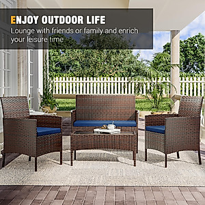 UDPATIO Patio Furniture 4 Pieces Outdoor Wicker Rattan Chair Balcony Conversation Sets Porch Furniture Sectional Loveseat w Cushions and Table for Backyard Pool Garden (Brown-Blue)