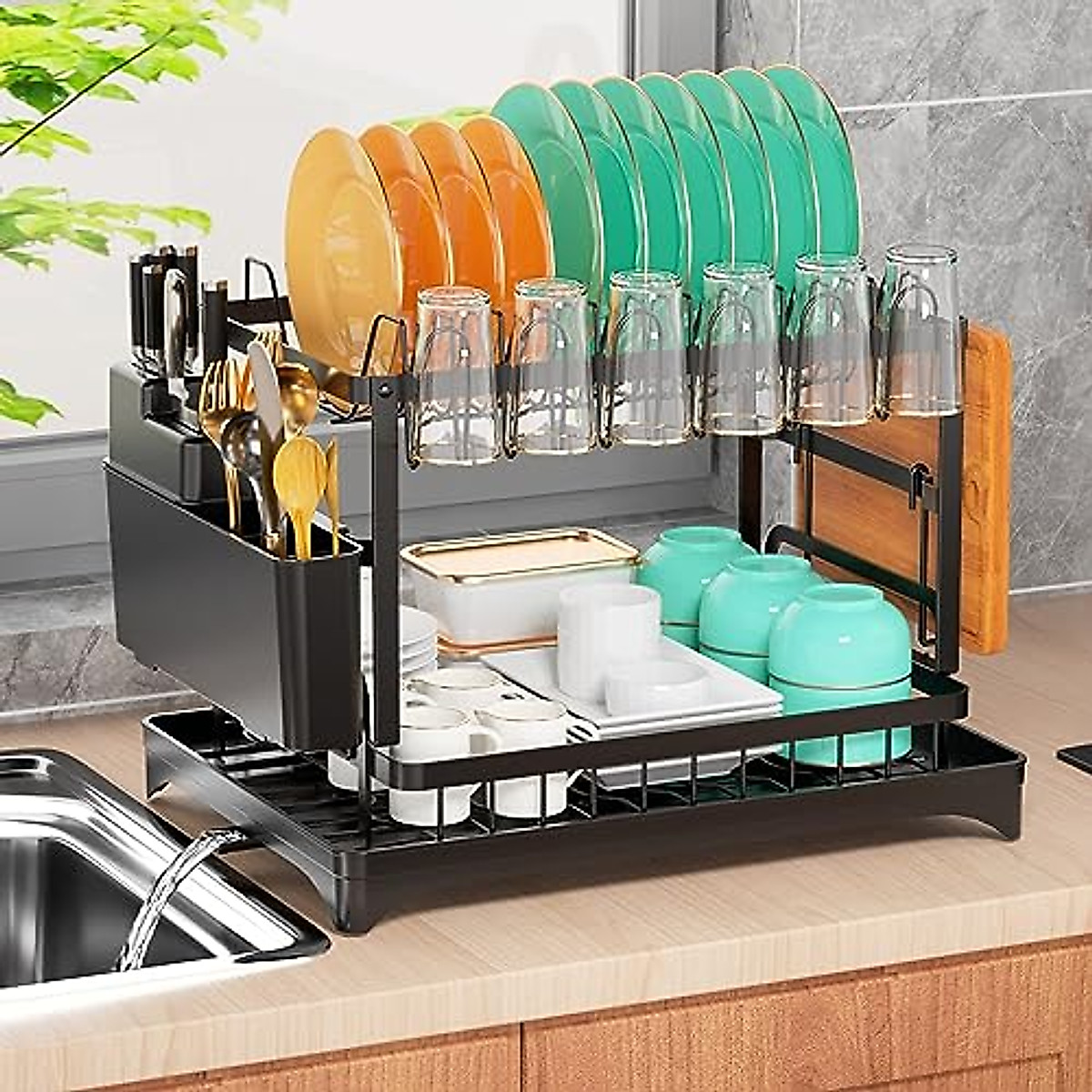 Harigal Dish Drying Rack, Large Capacity Dish Rack for Kitchen Counter, Stainless Steel 2 Tier Dish Rack, Kitchen Counter with Drainboard for Dishes, Knives, Spoons, and Forks