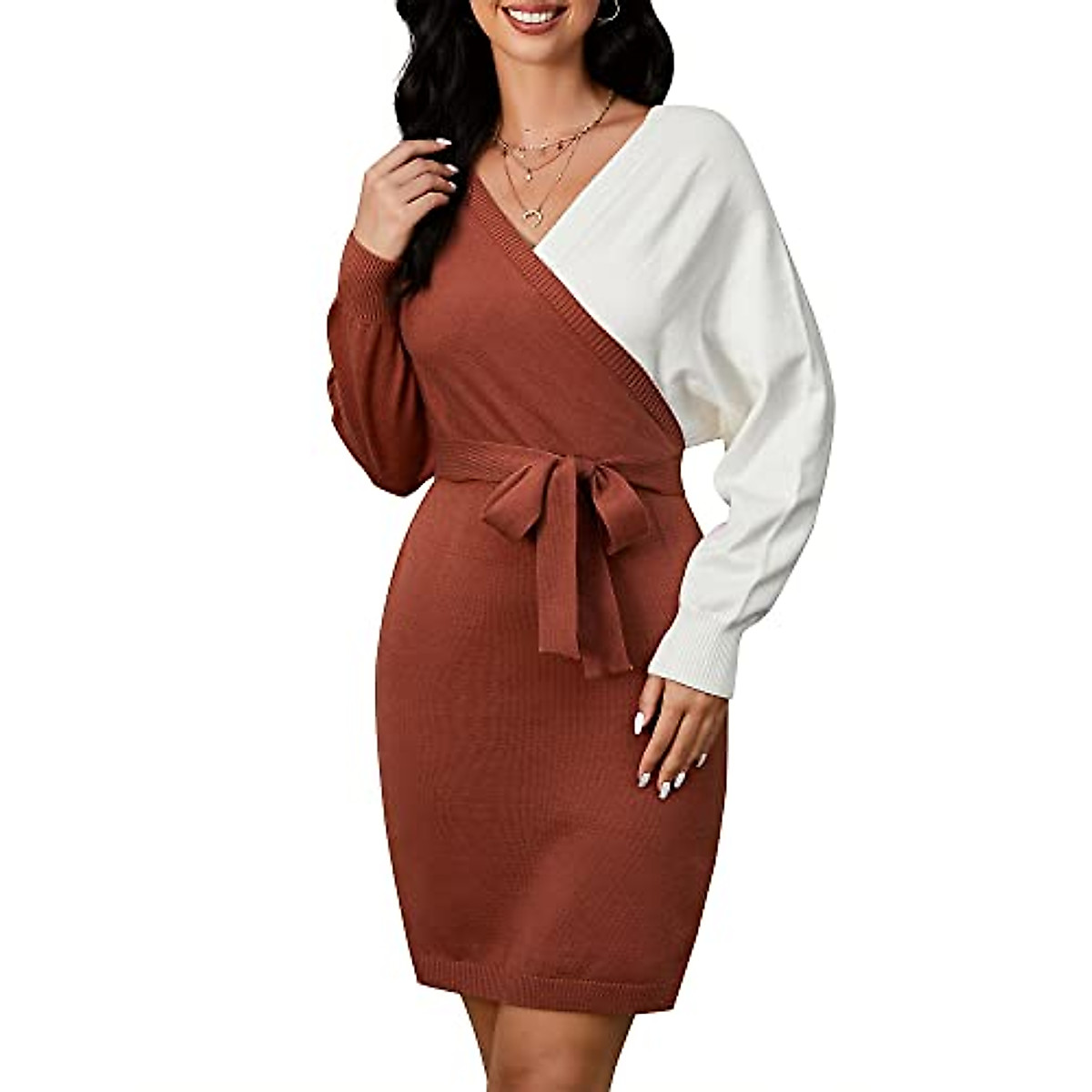 ZAFUL Women's V-Neck Colorblock Batwing Long Sleeve Backless Bodycon Cocktail Pullover Sweater Mini Dress with Belt