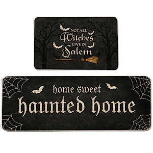 GAGEC Halloween Kitchen Mat Set of 2, No All Witch Live in Salem Kitchen Rug, Bat Broom Halloween Farmhouse Party Floor Mat for Home Kitchen Decorations - 17x27 and 17x47 Inch