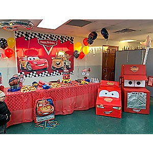 Cartoon Car Backdrop Children Boys Birthday Party Backdrops Car Racing Story Black White Grid Red Photo Backgrounds for Photography Birthday Party Banner (8X6ft)