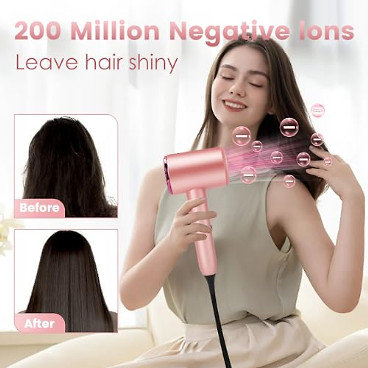 Bo'laiya Professional Ionic Hair Dryer | 1875W Powerful Low Noise Hair Dryer | Constant Temperature for Fast Hair Drying | with Hair Diffuser and Cluster Nozzle for Home Salon and Traveling | (Pink)