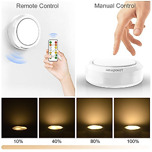 HOLKPOILOT Puck Lights with Remote Control, Under Cabinet Lighting Battery Operated, Under Counter Cabinet Puck Lighting, Kitchen Cabinet Lights Wireless Stick On Lights White (4pack)