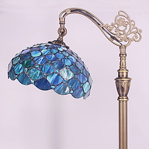 ZJART Tiffany Floor Lamp Stained Glass Lamp 18X12X67 Inch Angle Adjustable Arched Gooseneck Antique Reading Light (Sea Blue Pearl)