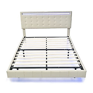 SIYSNKSI Modern Queen Upholstered Platform Bed with LED Lights, Floating Bed Frame with USB Charging and Headboard, Upholstered Platform Bed Frame for Kids Teens Adult Bedroom (Beige-055)