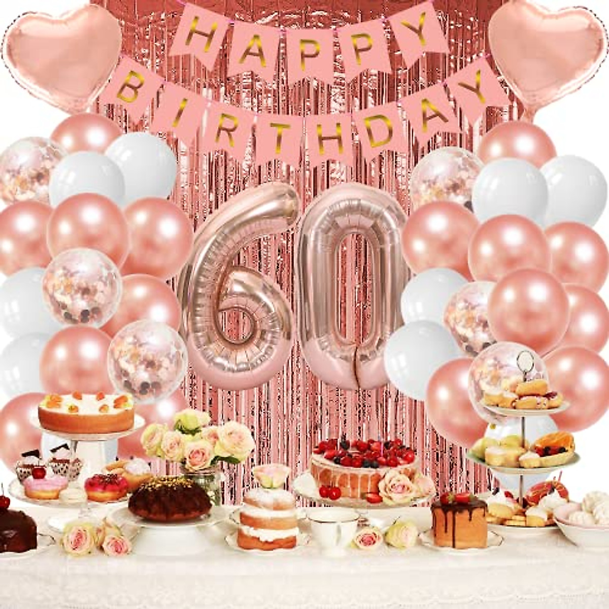 60 Birthday Decorations for Women 60th Birthday Decor Rose Gold 60th Birthday Decorations Party Supplies for Women 60 Balloon Numbers Happy 60th Birthday Banner