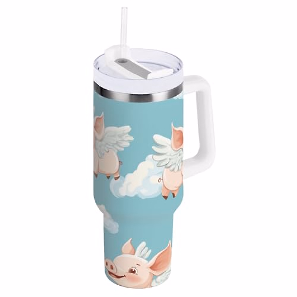 Wusikd Flying Piglets Tumbler Handle Lid and Straw Cute Water Bottle Stainless Steel Coffee Travel Tumbler Mug Cup Gifts for Men Women 30oz