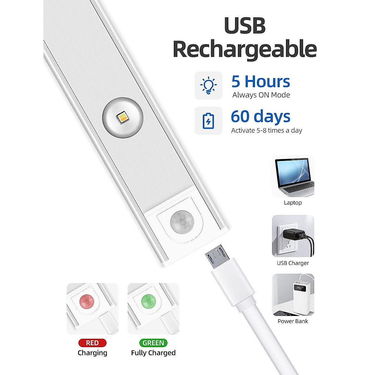 GARTO Silver Under Cabinet Light 2 Packs,23.62 inch Slim LED Motion Sensored Light,4 Beads USB Rechargeable Under Counter Lights for Kitchen Shelf Wardrobe Closet