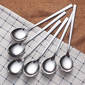 Soup spoons, Korean stainless steel round long spoon (6, Stainless Steel)