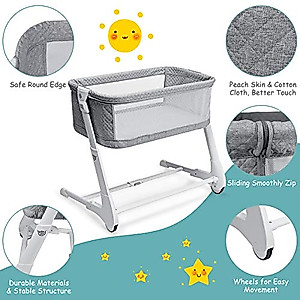 BABY JOY Baby Bassinet, Bedside Sleeper w/Wheels, Mattress & Cover, Straps, Mesh, 100lbs Weight Capacity, 8 Height Adjustable for Bed Sofa, Lightweight Bedside Bassinet for Baby Newborn Infant, Gray
