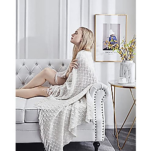 Lunarose Throw Blanket for Couch,Soft Cozy Knit Blanket,Lightweight Decorative Throw for Sofa Chair Bed Travel and Living Room-All Seasons Suitable (50"x60", White-Wave)