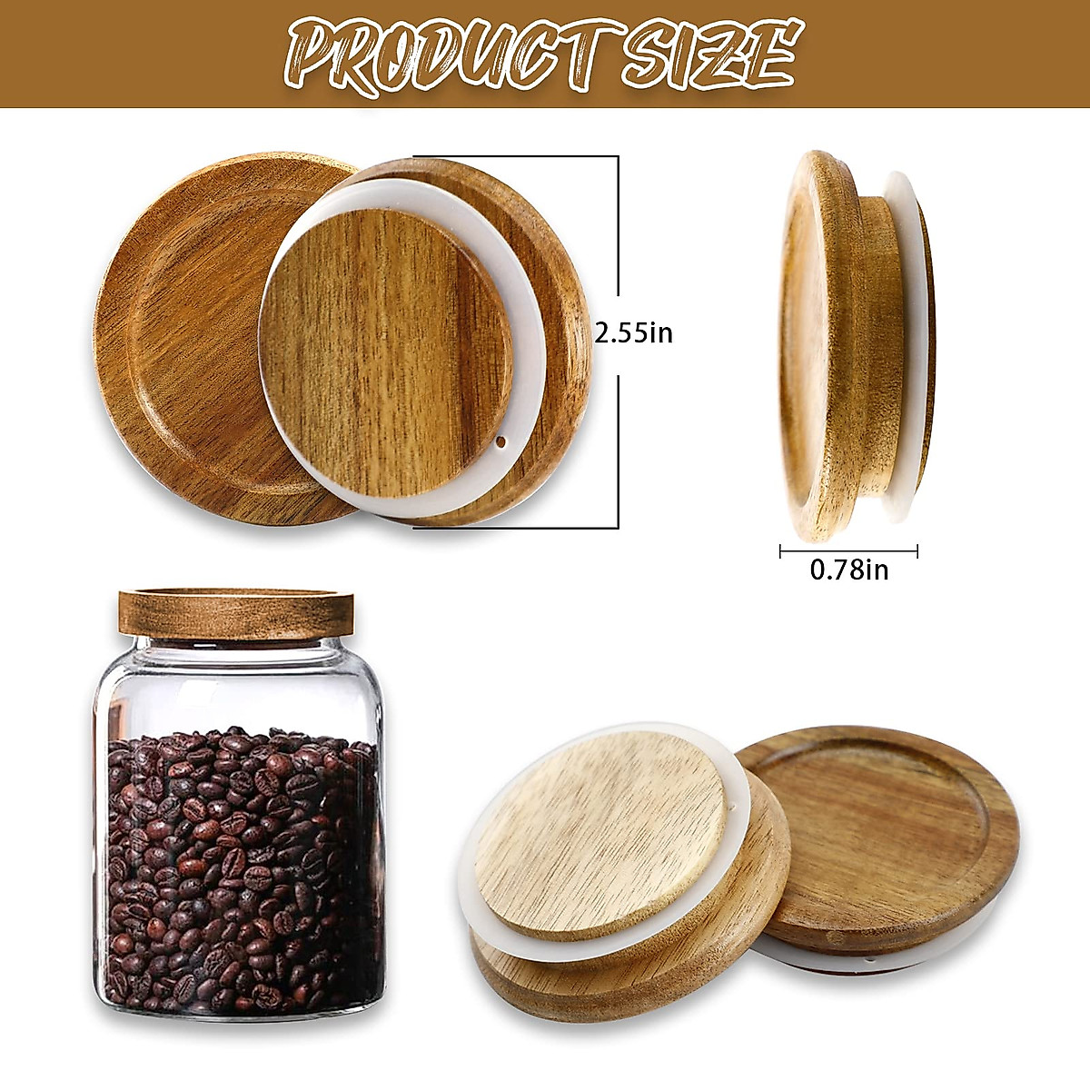 6PCS Regular Mouth Mason Jar Lids, Reusable Natural Acacia Wood Canning Lids Ball Jars Wooden Storage Lids with Airtight Silicone Seal for Regular Mouth Jars (Brown)