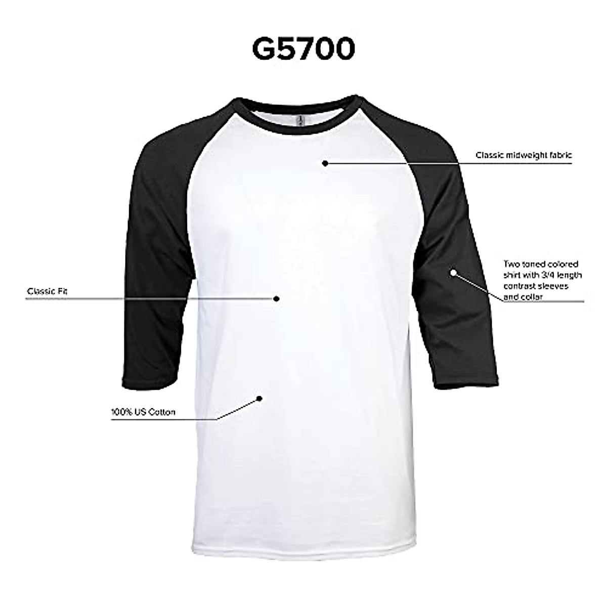 Gildan Adult Heavy Cotton 3/4 Raglan T-Shirt, Style G5700, 2-Pack, White/Black, Small