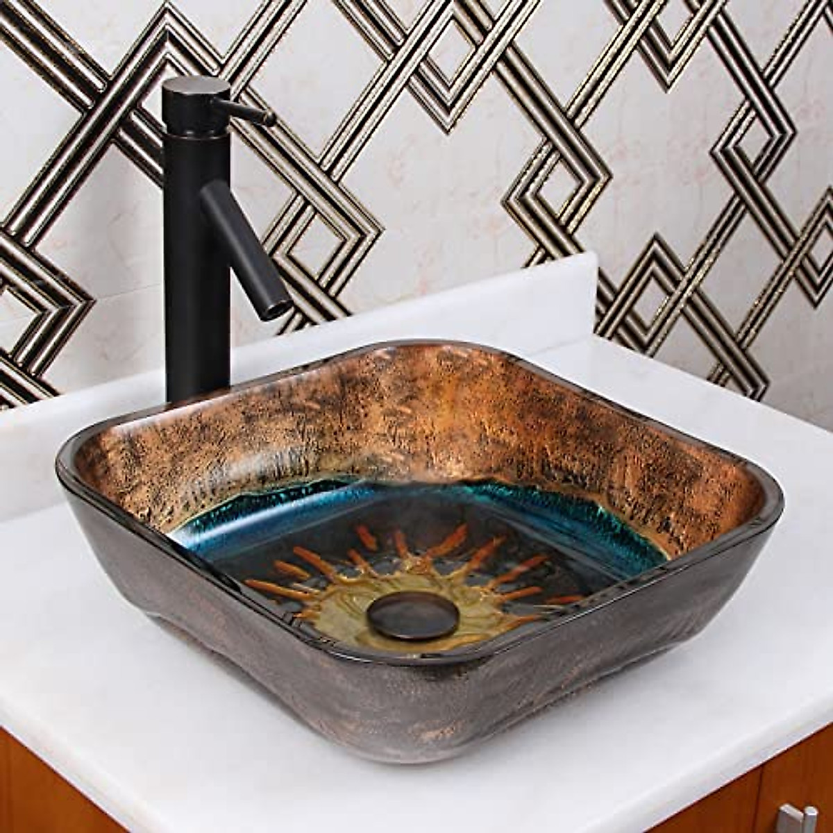 ELITE Square Volcanic Pattern Tempered Glass Bathroom Vessel Sink & Oil Rubbed Bronze Finish Faucet Combo