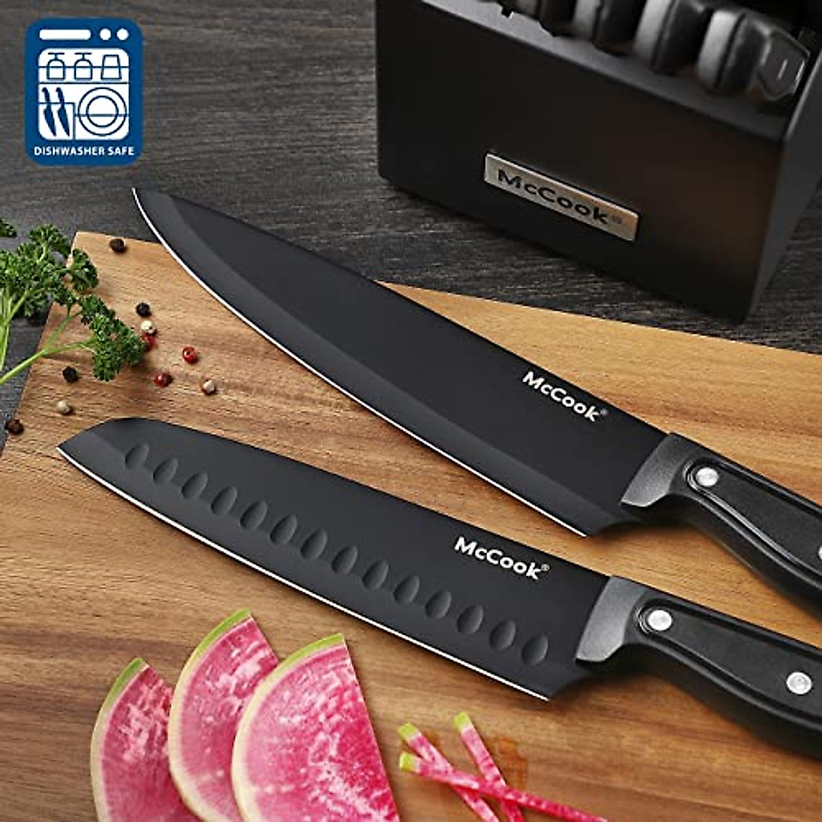 McCook Knife Set with Built-in Sharpener Block, MC701 Kitchen Knife Set with Block, 26 Pcs High Carbon Stainless Steel Kitchen Knife Sets with Block Self Sharpening, Black