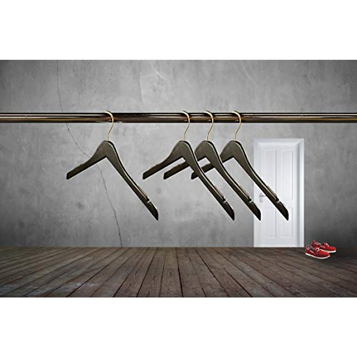 NAHANCO 20217 17” Flat Wooden Top Hanger with Notches, Brushed Chrome Hook, Black (Pack of 100)