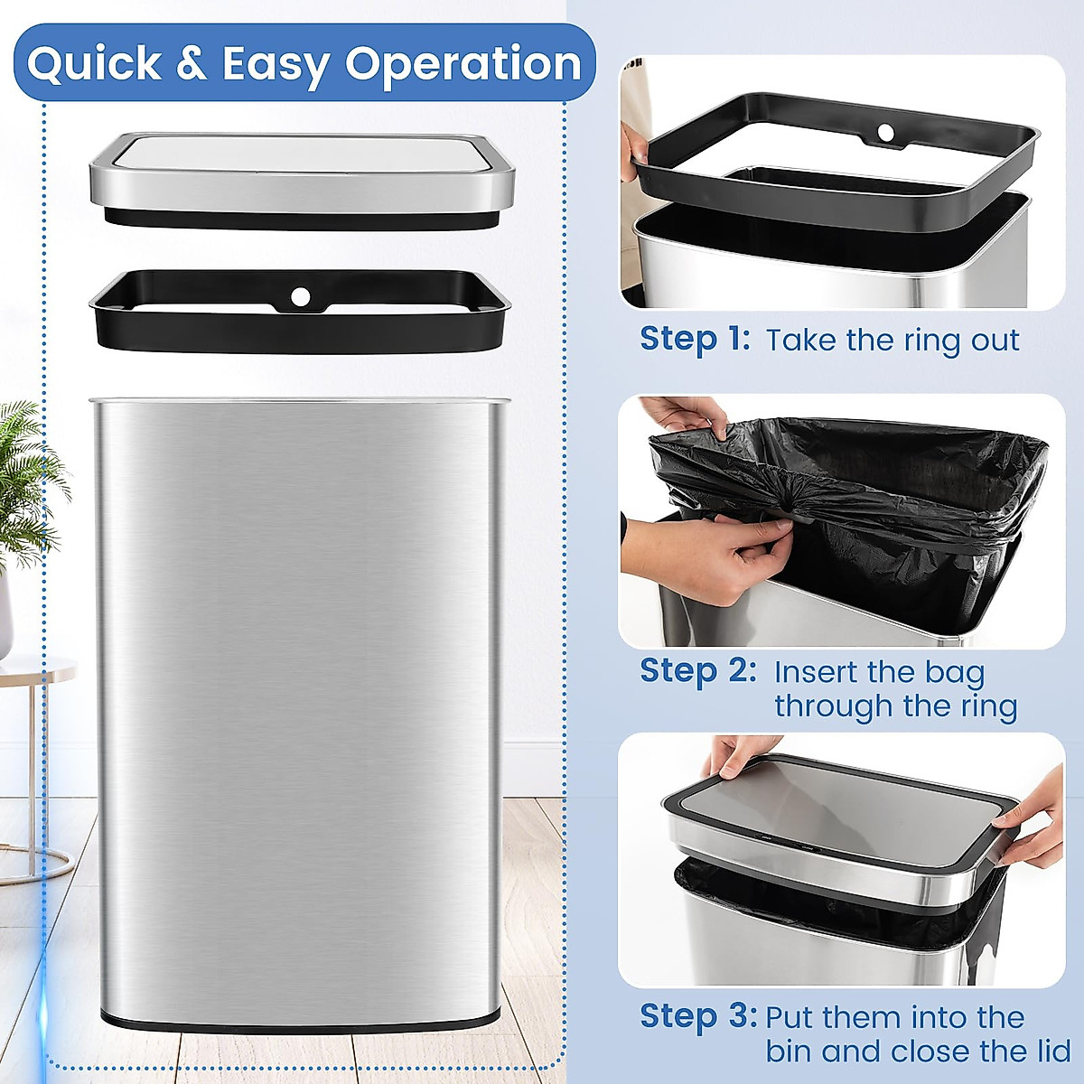 S AFSTAR Automatic Trash Can, 13 Gallons Stainless Steel Garbage Can Trash Bin with Quick & Soft Close Lid, Deodorizer Compartment, Touchless Motion Sensor Trash Can for Kitchen Bathroom Office