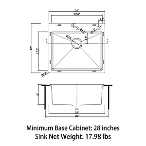 Sinber 25" x 22" x 9" Drop In Single Bowl Kitchen Sink with 18 Gauge 304 Stainless Steel Satin Finish HT2522S-9-S (Sink Only)