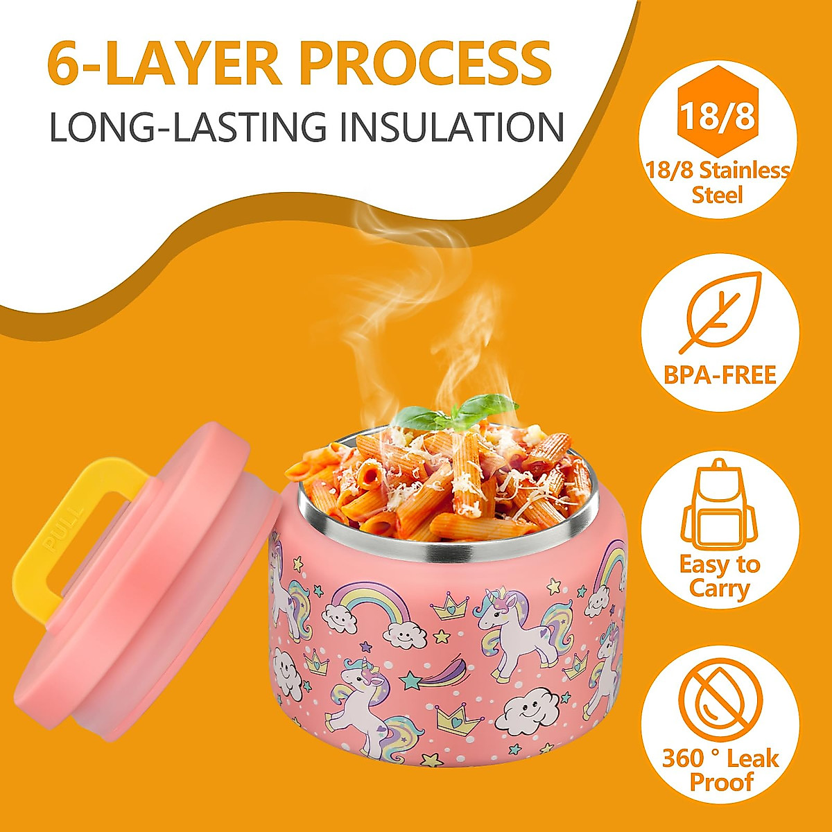 PIQUEBAR 8oz Kids Thermos for Hot Food,Small Lunch Thermos Food Container Stainless Steel,Easy Open Wide Mouth Thermo for Hot Cold Food for Preschool Travel (Pink Unicorns)