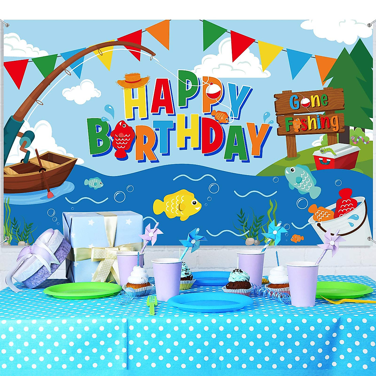 Gone Fishing Birthday Party Decorations Supplies Fisherman Birthday Banner Party Backdrop for Kids Boys Fishing Party Banner Photography Background Photo Booth 70.8 x 43.3 Inch