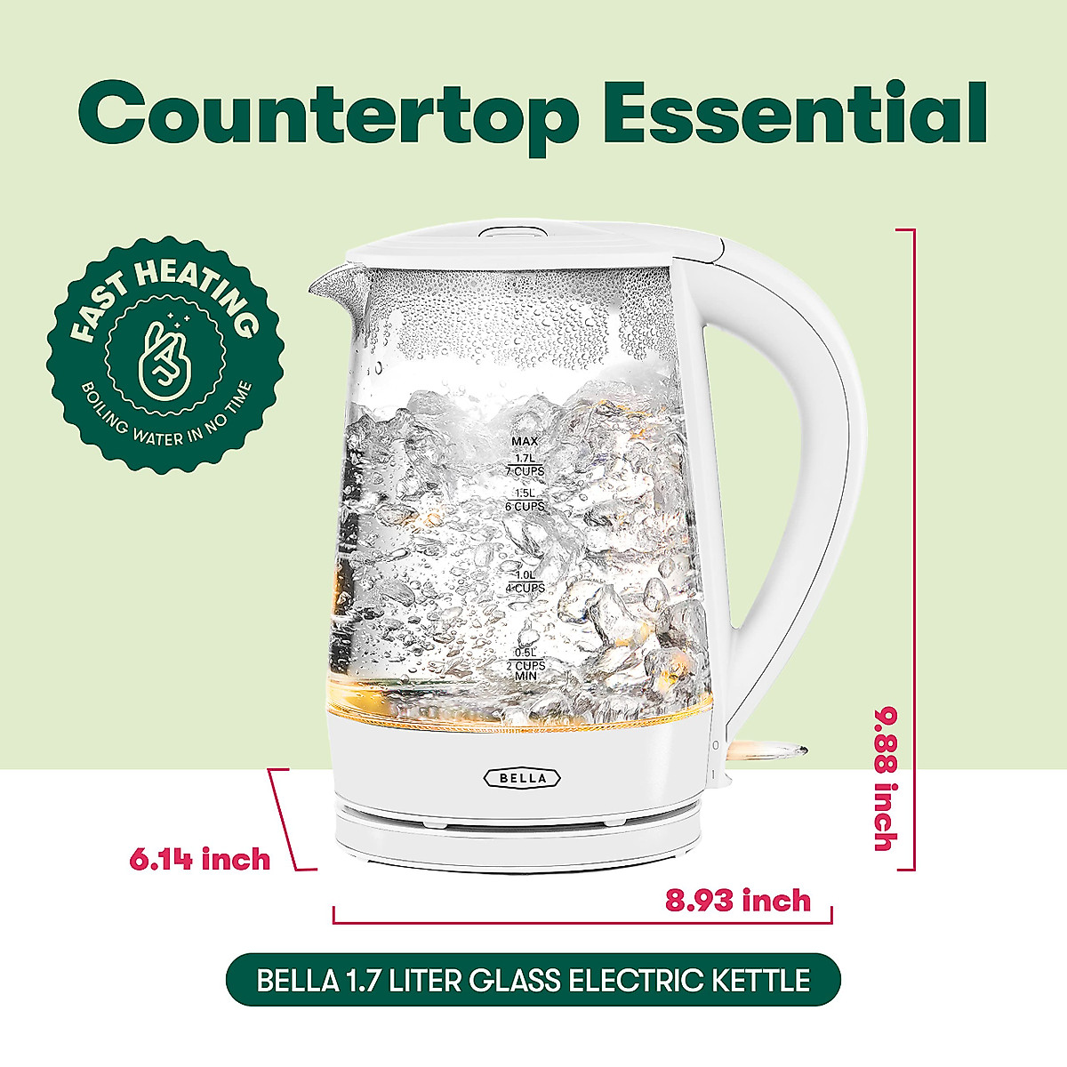 BELLA 1.7 Liter Glass Electric Kettle, Quickly Boil 7 Cups of Water in 6-7 Minutes, Soft Orange LED Lights Illuminate While Boiling, Cordless Portable Water Heater, Carefree Auto Shut-Off, White