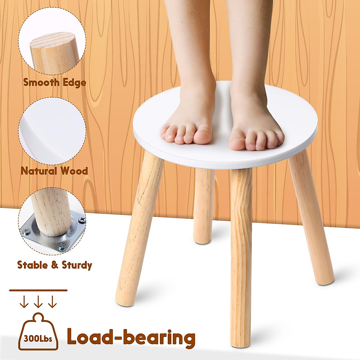 Wenqik 4 Wooden Stool Sitting 10.3 Inch 4 Legged Small Wooden Step Stool Solid Hard Wood Cute Milking Stool Sturdy Wooden Chair for Bedroom Playroom Furniture