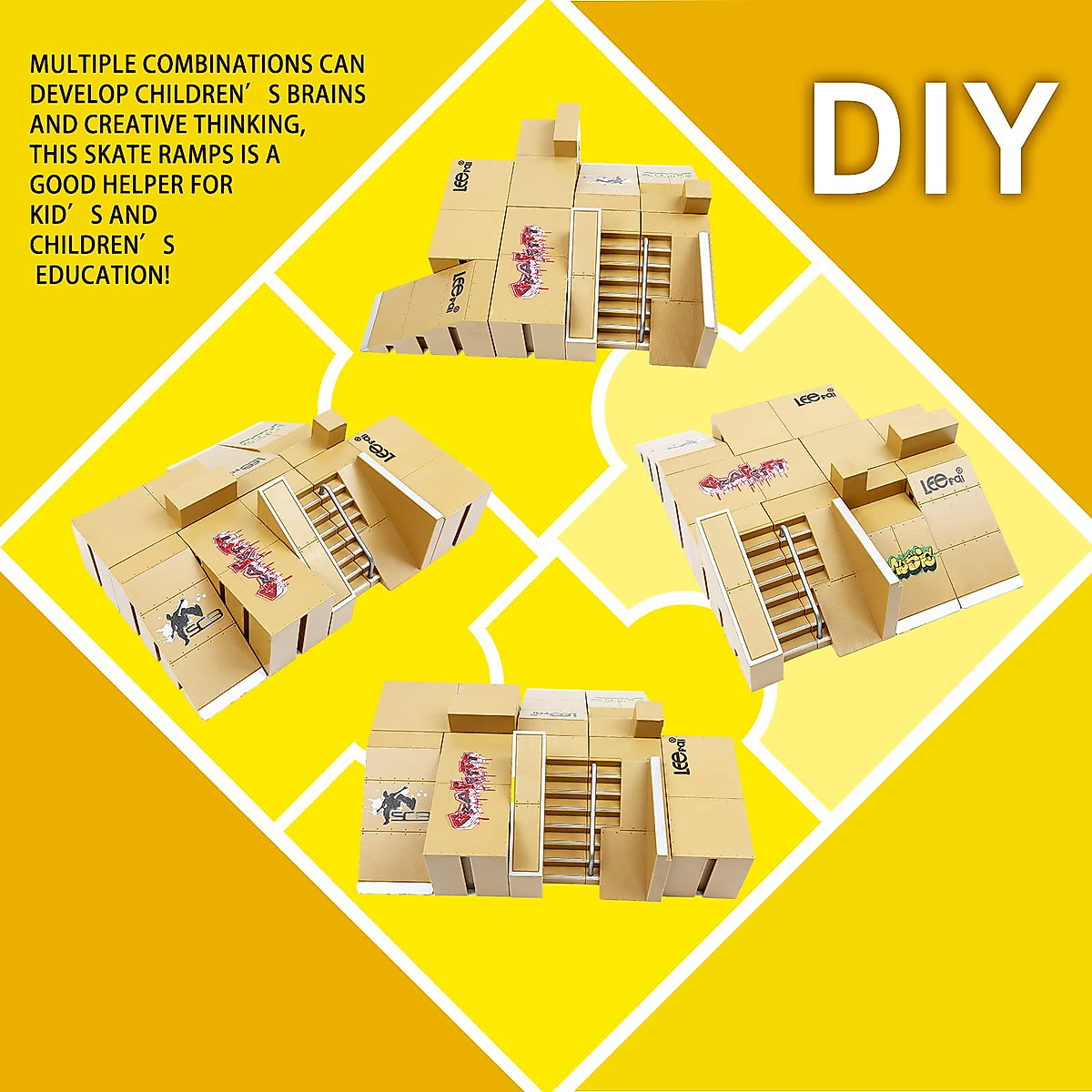 Skate Park Kit, Skate Park Kit Ramp Parts for Finger Skateboard Park Kit Part Training Props with 4 Finger Decks 2 Finger Bike 1 Pair Skates and 1 Scooters