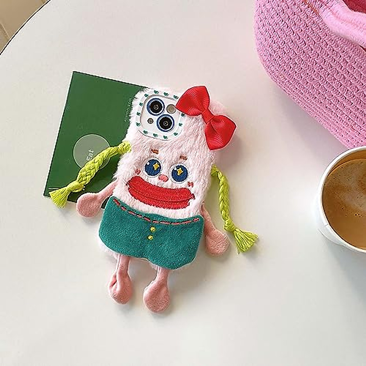 Tewwsdi Compatible for iPhone 14 Phone Case Cute,Kawaii 3D Doll DIY Hair Braids Camera Protector Plush Case,Winter Warm Furry Funny Case for iPhone 14 Women Girls(Green Braids)