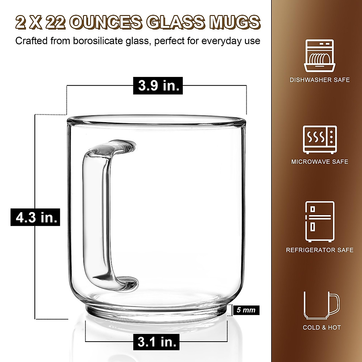 Aquach 22oz Borosilicate Glass Mug Set - Dishwasher and Microwave Safe, Elegant Design for Coffee and Tea, 2-Piece Set