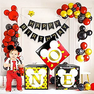 Cracoo Micky 1st Birthday Party Supplies Decorations- 3 Black Yellow Mouse Blocks with ONE Letter Party Decorations, Baby Shower Party Favor for Boys Girls Kids Babies(Balloons NOT Include)