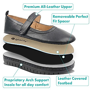 Glolily ELLE Mary Jane Women's Slip-On Comfort Flats - Black Leather, Size 8