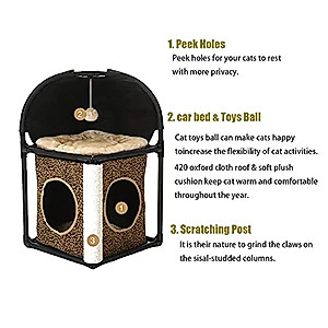 BORUIMA Cat Houses for Indoor Cats Tower House Combined with Cat Bed Cube, Peek Holes, Scratching Post & Dangling Toy