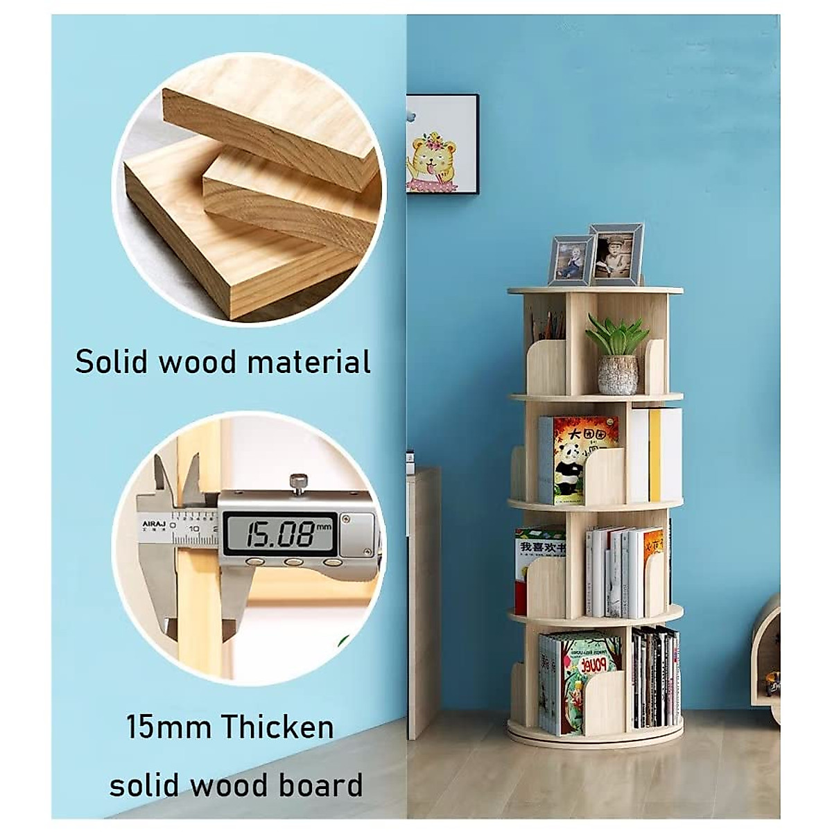 MYOYAY 4-Tier Solid Wood Bookshelf Floor Standing Bookcase 360° Rotation Book Storage Cabinet Magazines Potted Plants Display Stand Holds Up to 200 Books Study Office Home Decoration