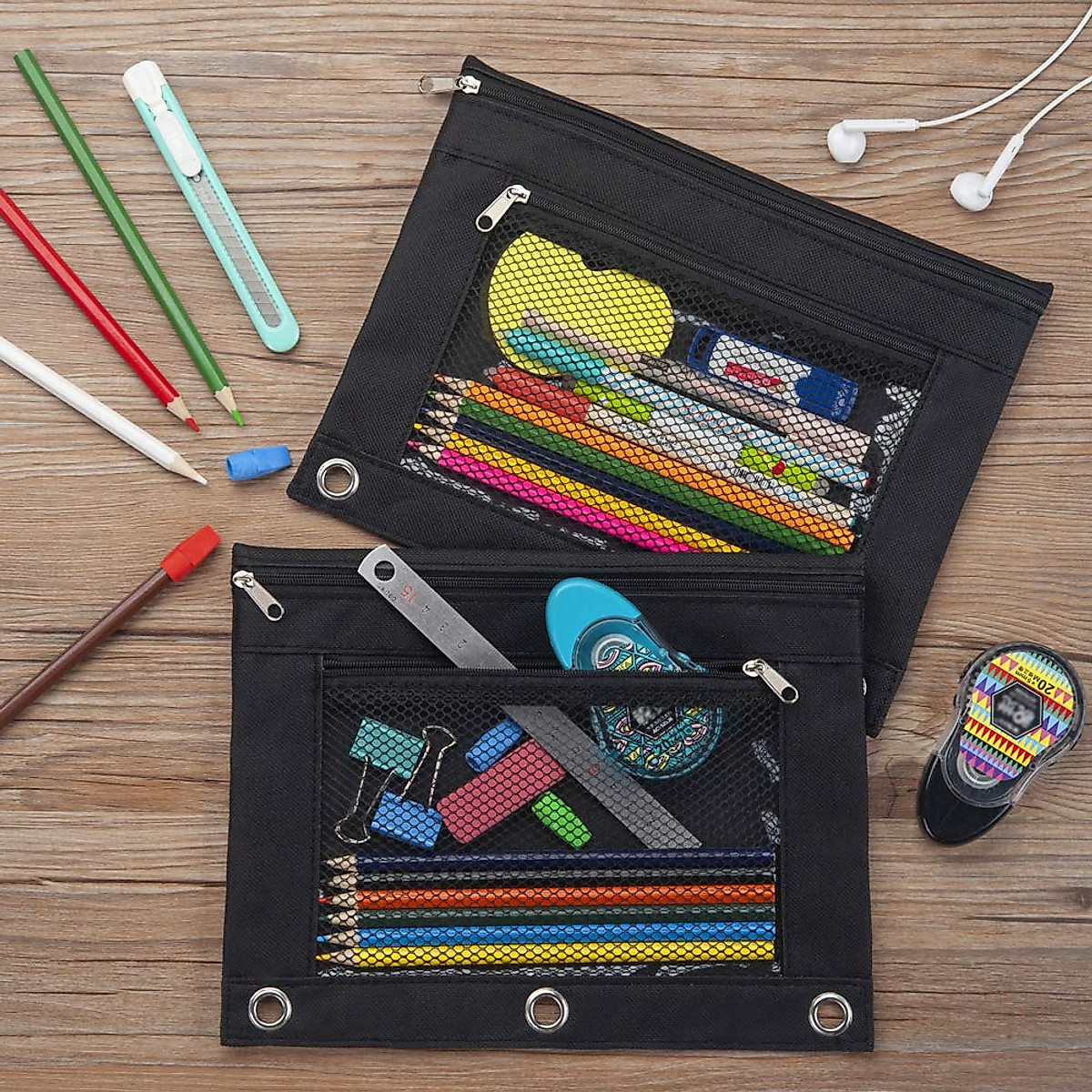 Sooez Pencil Pouch for 3 Ring Binder, 2 Pack Fabric Binder Pouch with 2 Pockets, Pencil Bags with Zipper and Reinforced Grommets, Pencil Cases for Binder