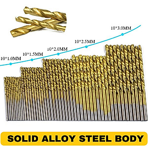 50 pcs 1mm 1.5mm 2mm 2.5mm 3mm Titanium Coated HSS High Speed Steel Drill Bit Tool Set for Drilling Holes in Leather, Soft Metal, Wood, Plastic, Soft Materials, Aluminum, Amber, Models