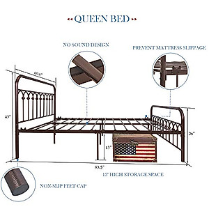YALAXON Vintage Sturdy Queen Size Metal Bed Frame with Headboard and Footboard Basic Bed Frame No Box Spring Needed，Antique Brown.