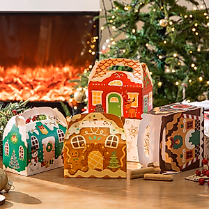 Sunolga 24 Pieces 3D Christmas Cardboard Treat Gift Boxes for Holiday with 4 Patterns Xmas Goody Gift Christmas House Cardboard Gifts Boxes Crafting and Cookie Boxes