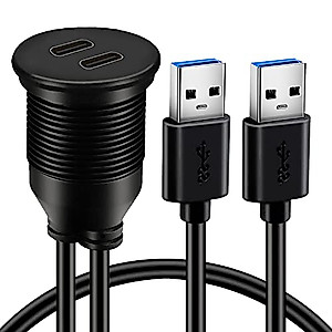 BATIGE Dual Port USB 3.0 Male to 2 Ports Type C 3.0 Female Car Flush Mount Cable USB C 3.0 Panel Mount Extension Cable for Car Truck Boat Motorcycle - 3ft