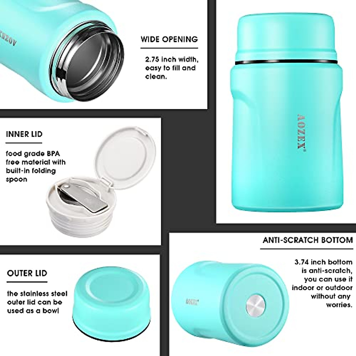 AOZEX Thermos for Hot Food, 16 oz Insulated Food Jar Small Hot Food Thermos Lunch Container with Spoon, Kids Lunch Thermos Insulated Food Container Leak Proof Soup Thermos for Adults, Green