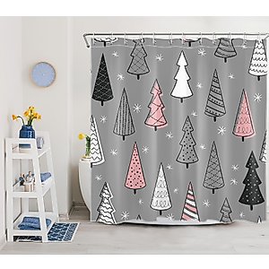 LB Christmas Tree Shower Curtain Black and White Pink XMAS Tree with Snowflake Grey Bathroom Shower Curtain Winter Holiday Bathroom Decor with Hooks 72Lx72W Inch Waterproof Polyester Bath Curtain