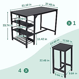 Rxicdeo Dining Table Set for 4, Kitchen Table Set with 4 Chairs, Dining Room Table with Wine Rack and Storage Shelf, Breakfast Table Space-Saving Dinette for Kitchen, Dining Room (Black)
