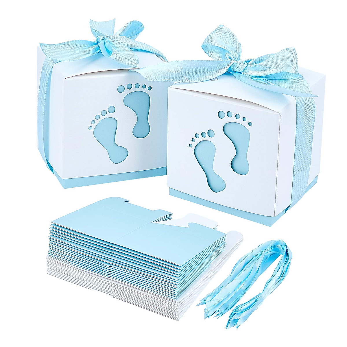 PH PandaHall 60 Sets Baby Shower Favor Boxes, Footprints Paper Gift Boxes Newborn Baby Folding Box with Ribbon for Gender Reveal Party Kindergarten Holiday Birthday Party Gift Favor, 2.4x2.4x2.4 Inch